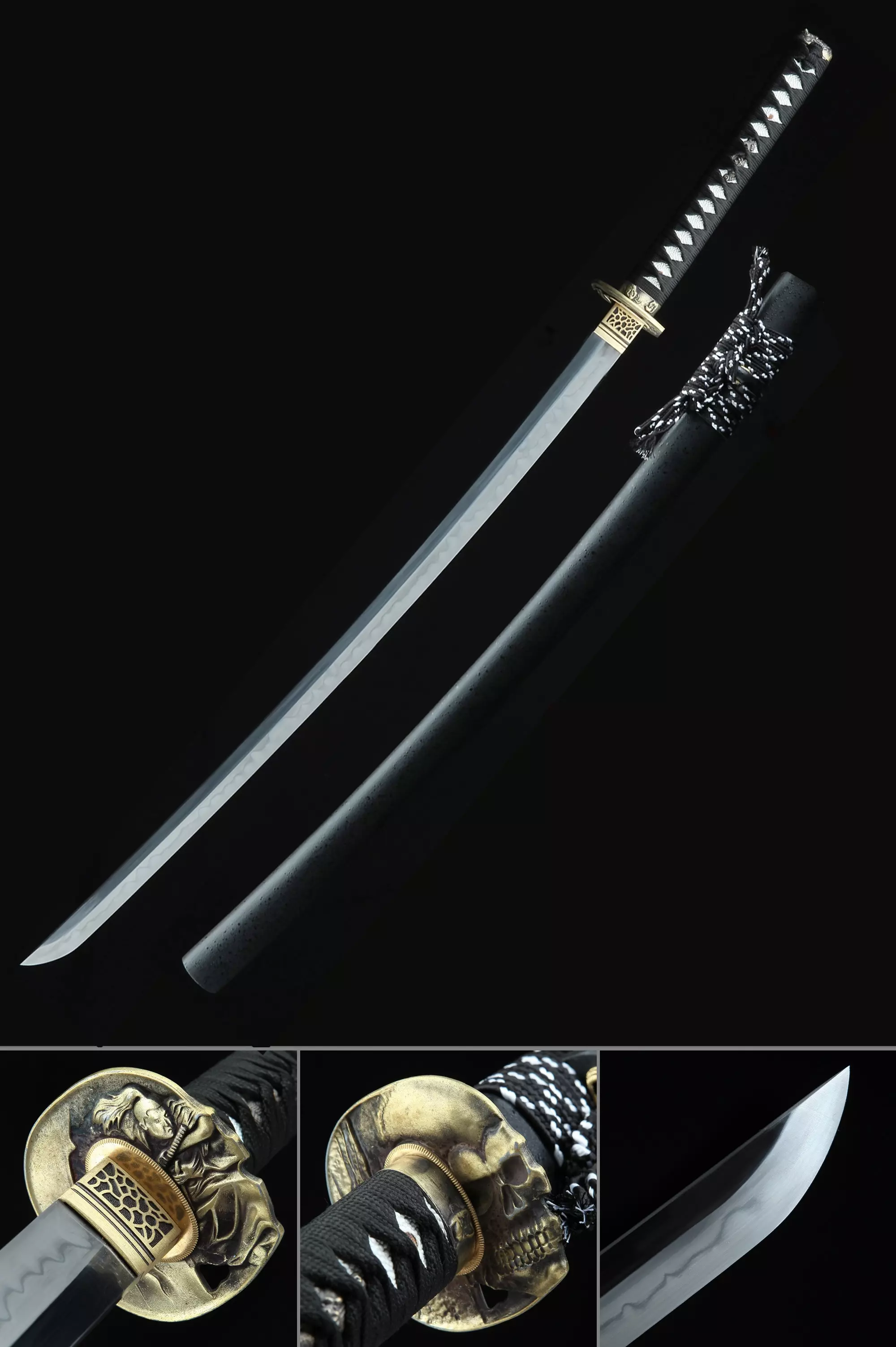 Skull Katana | Handmade Japanese Katana Sword T10 Folded Clay Tempered ...
