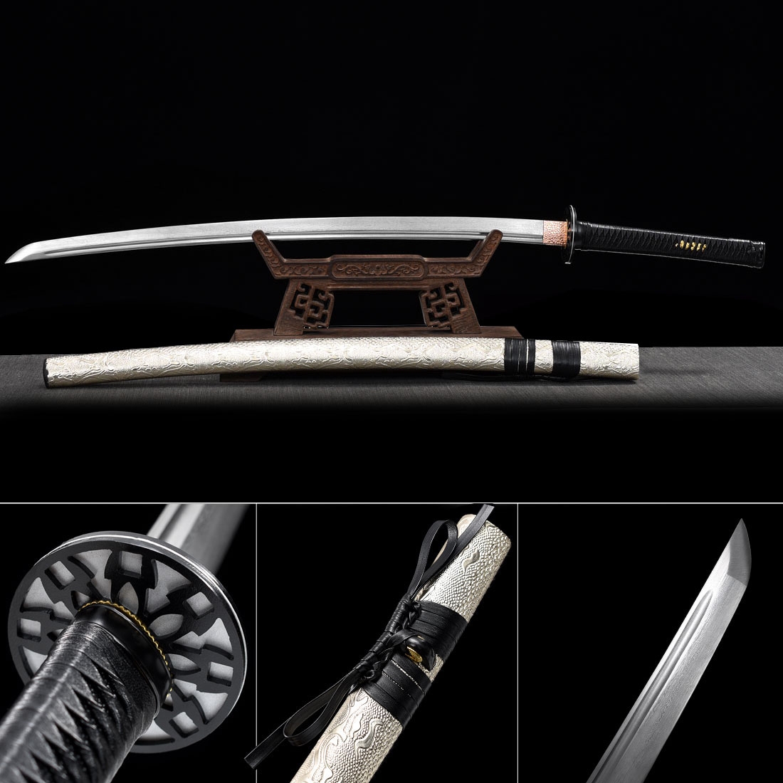 Folded Pattern Steel White Saya Full Tang Real Japanese Katana Samurai ...