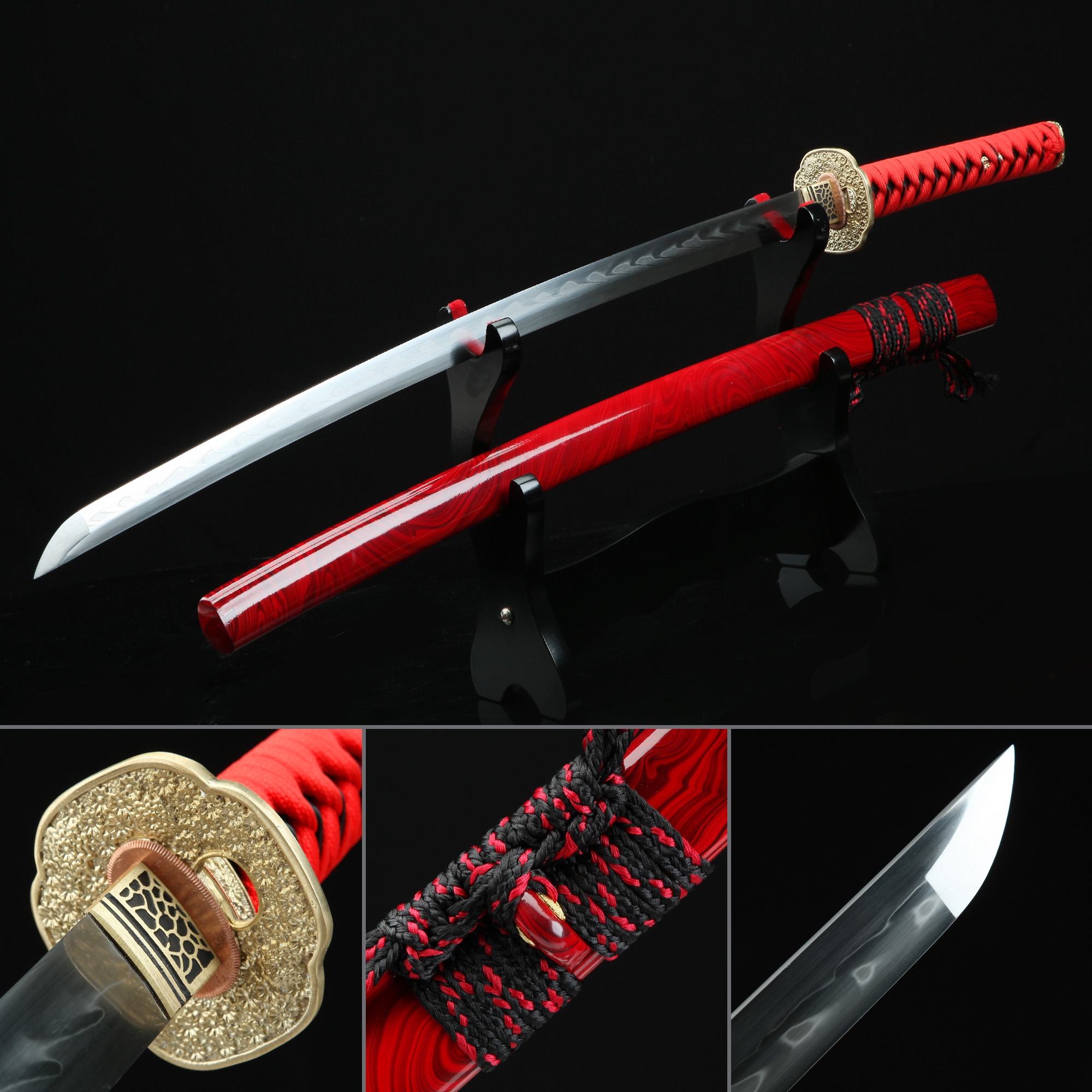 Handmade T10 Carbon Steel Real Hamon Japanese Katana Sword With Red ...