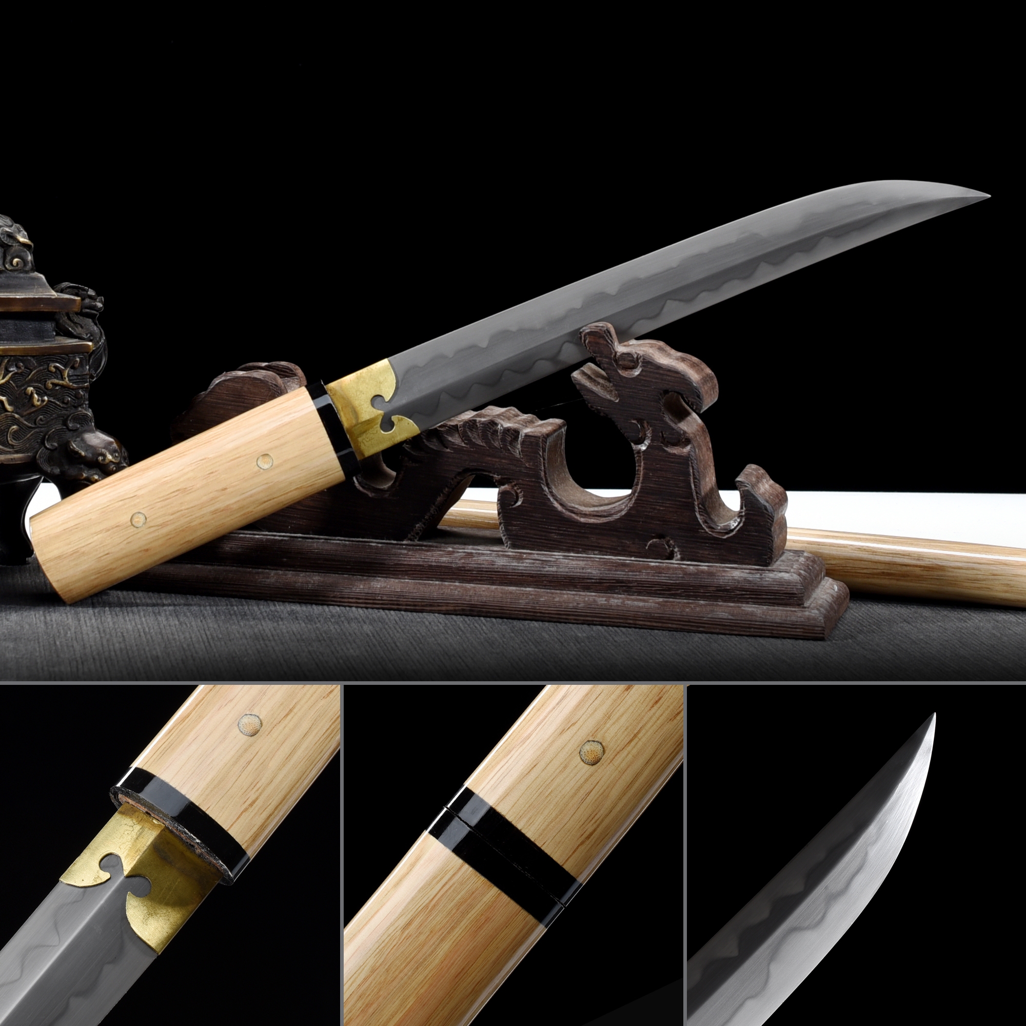 Handmade T10 Carbon Steel Real Hamon Japanese Aikuchi Tanto Sword With ...