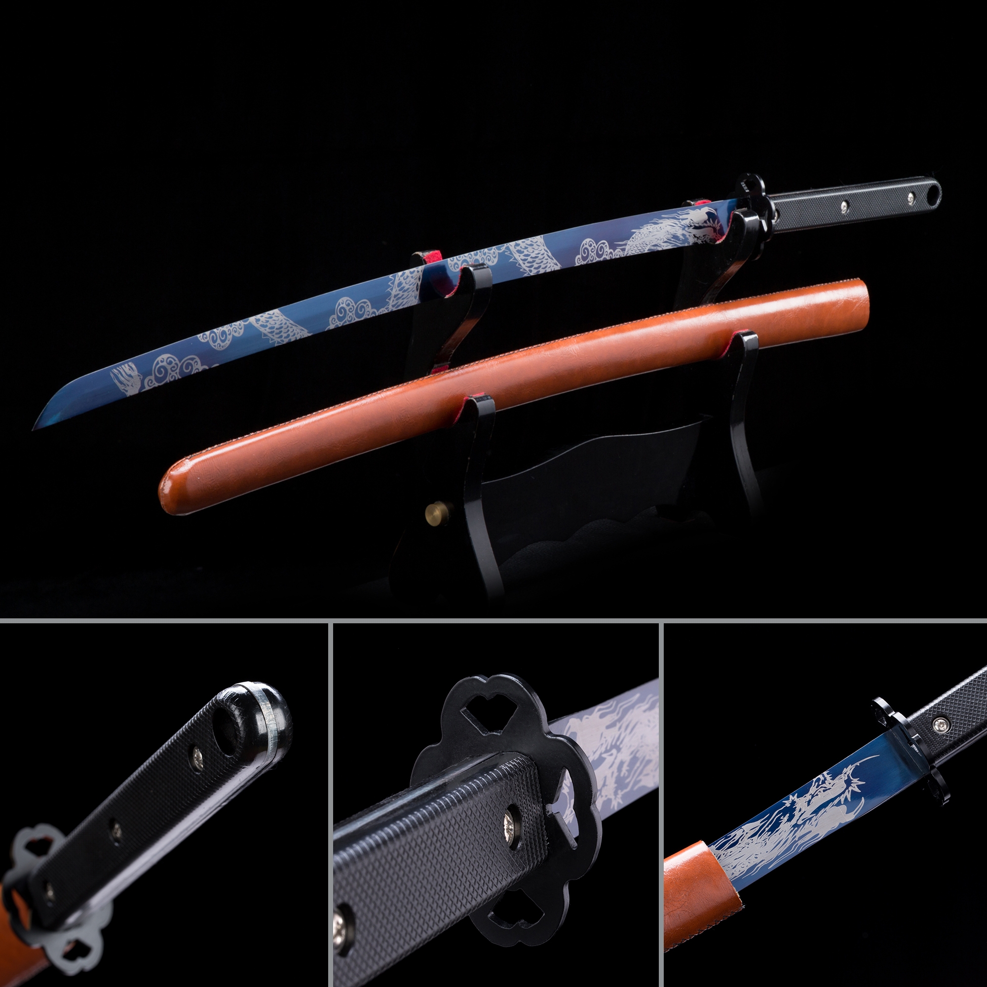 Handmade Spring Steel Blue Blade Japanese Samurai Katana Swords With ...