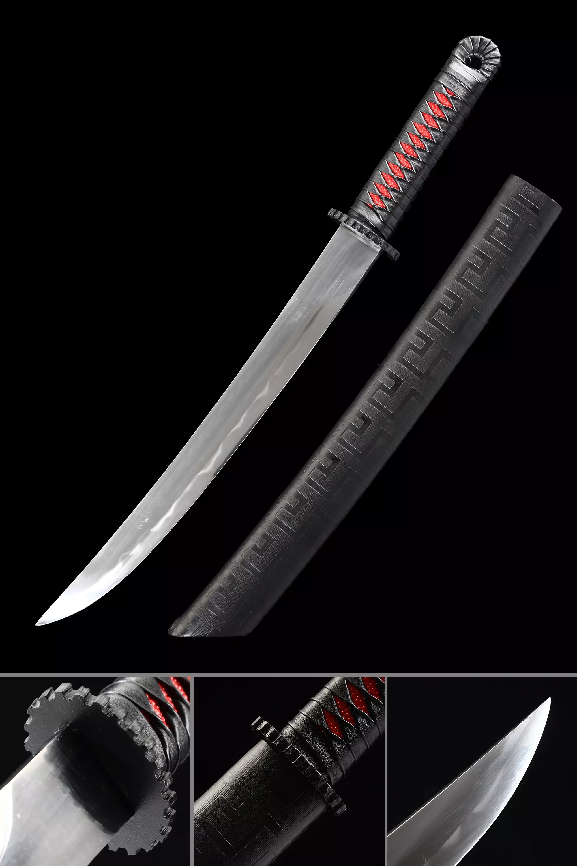 Combat Tanto | T10 Carbon Steel Tanto with Black Geometric Saya and Red ...