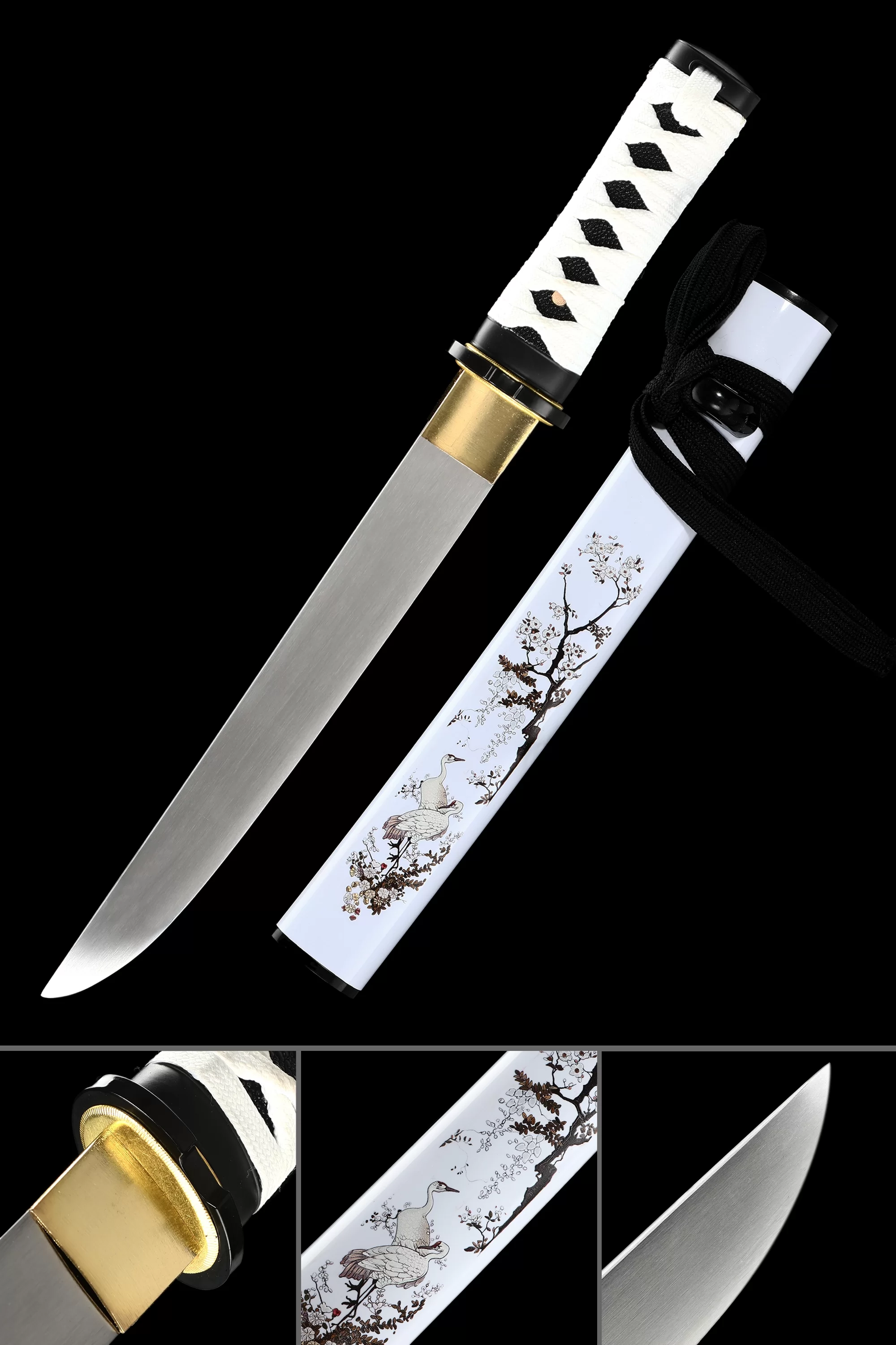 Manganese Steel Japanese Tanto with Crane and Plum Blossom Hand-Painted ...