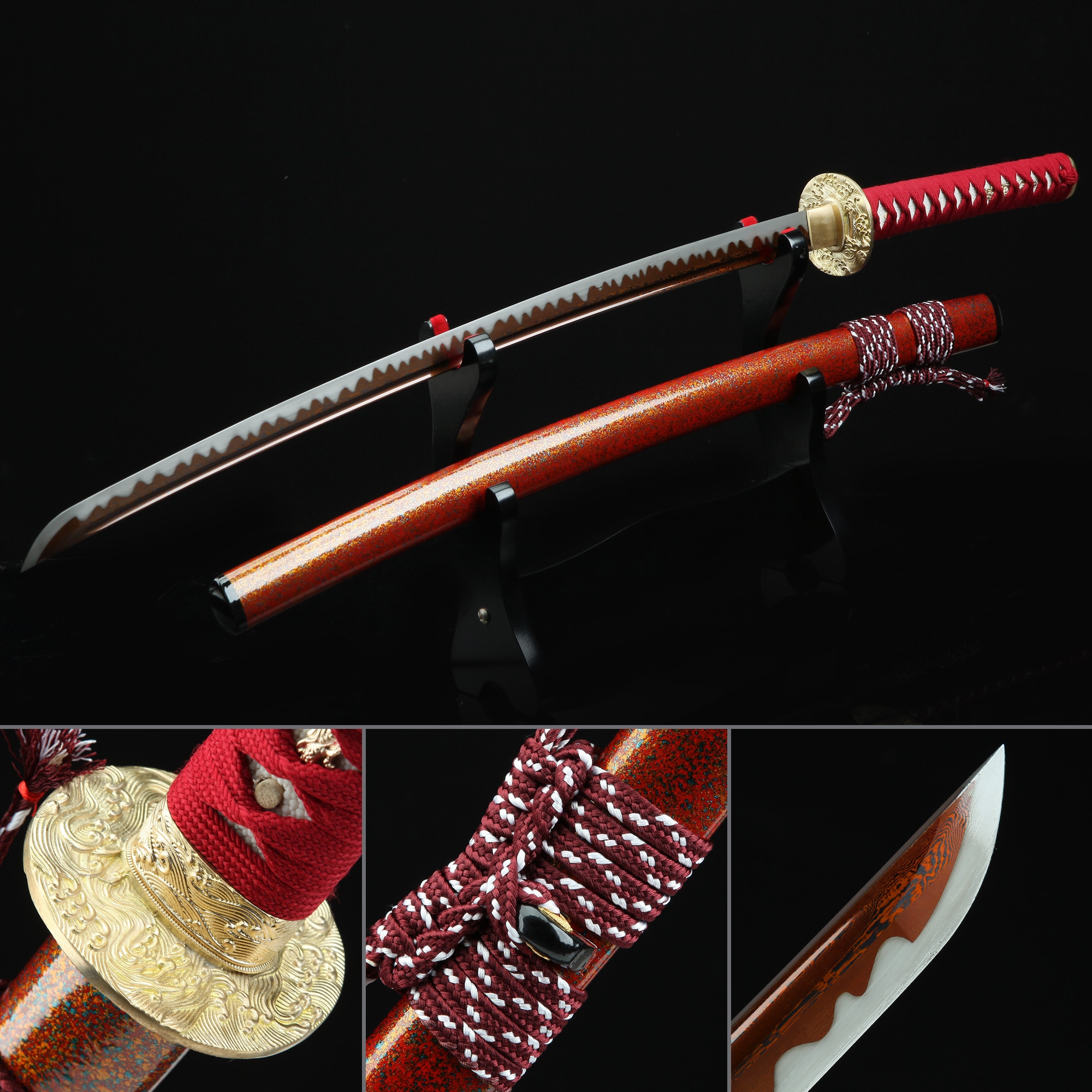 Handmade Pattern Steel Red Blade Japanese Samurai Katana Sword With Red ...
