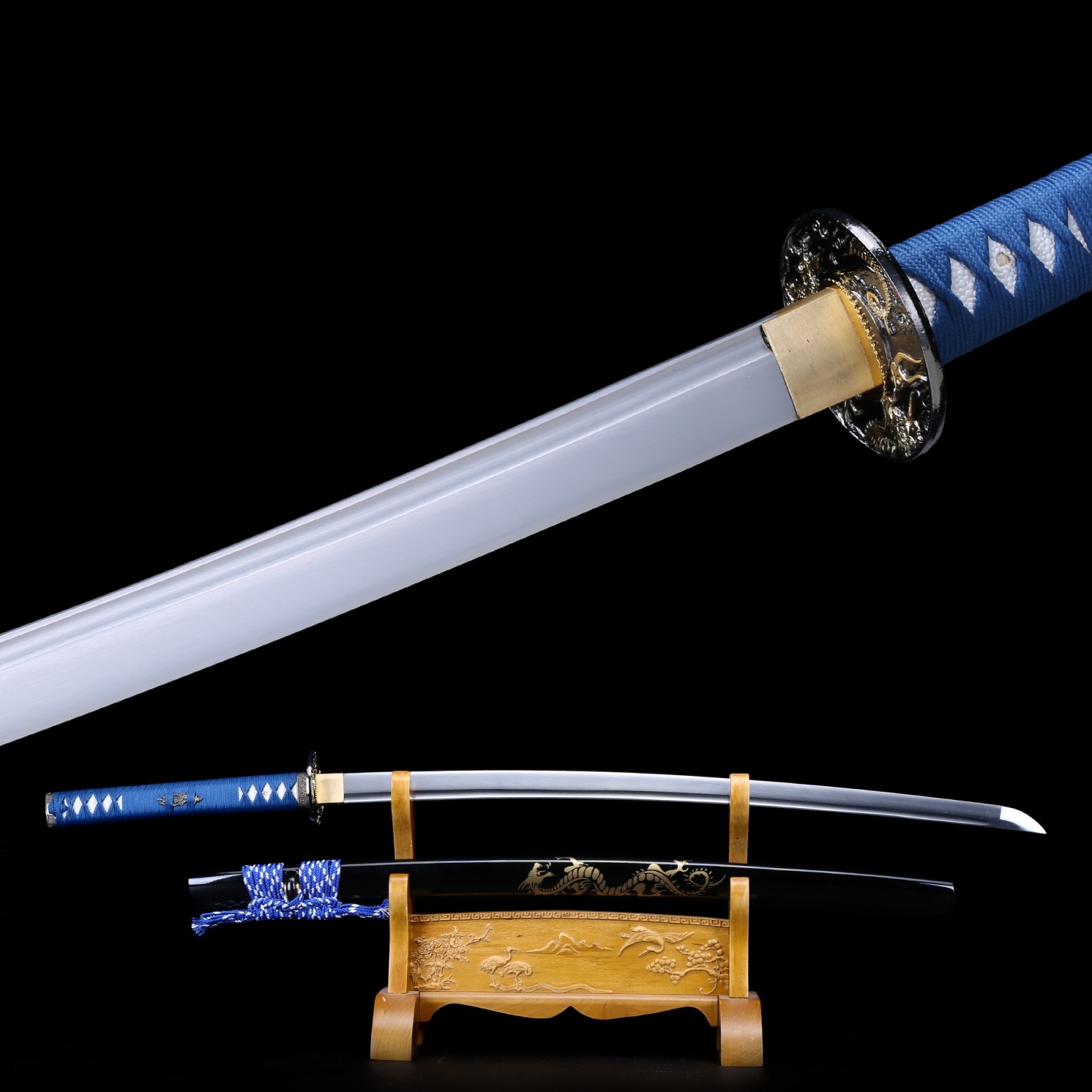 Handmade Blue Dragon Tsuba Spring Steel Real Katana Japanese Samurai ...