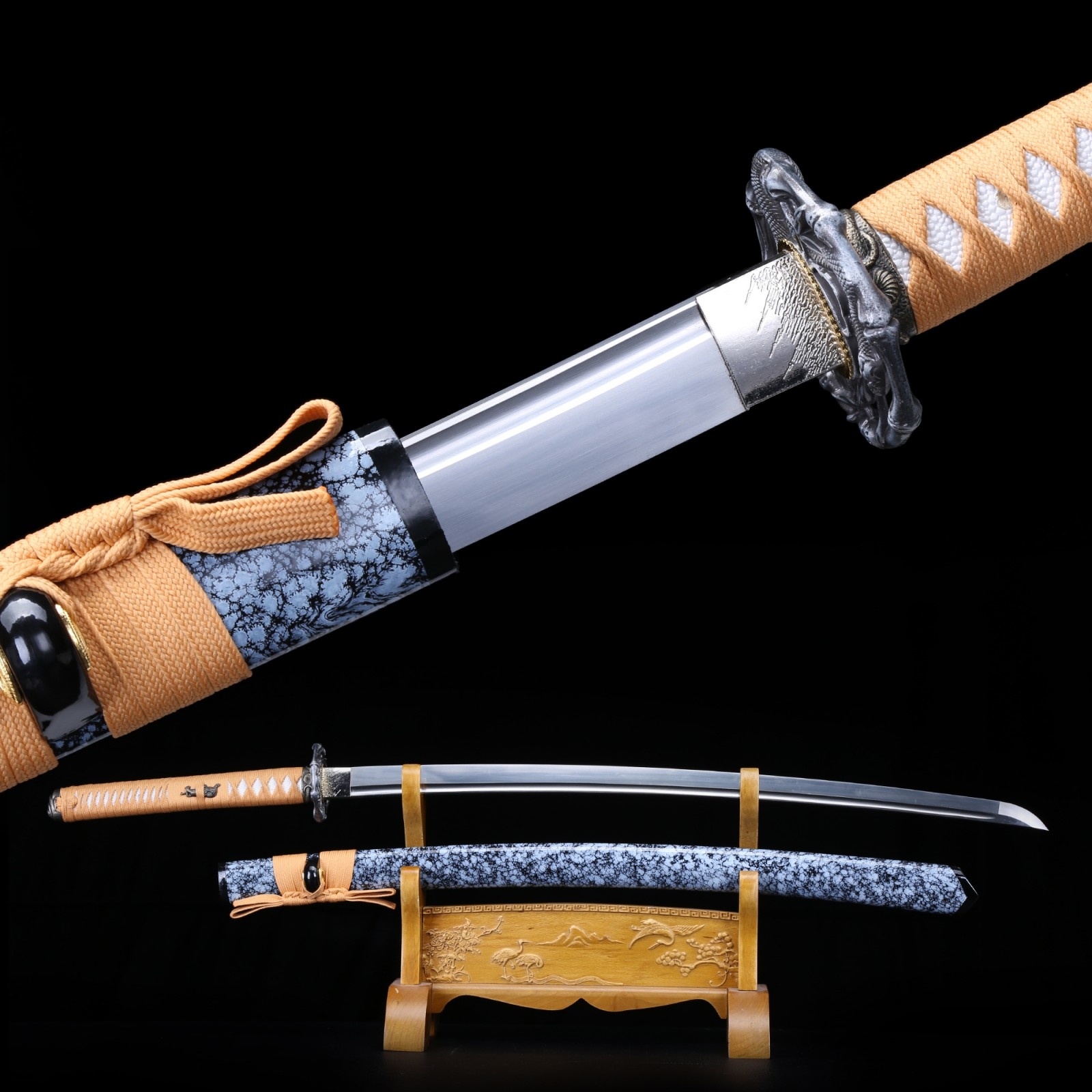 Handmade Bamboo Snake Granite Saya Spring Steel Katana Japanese Samurai ...
