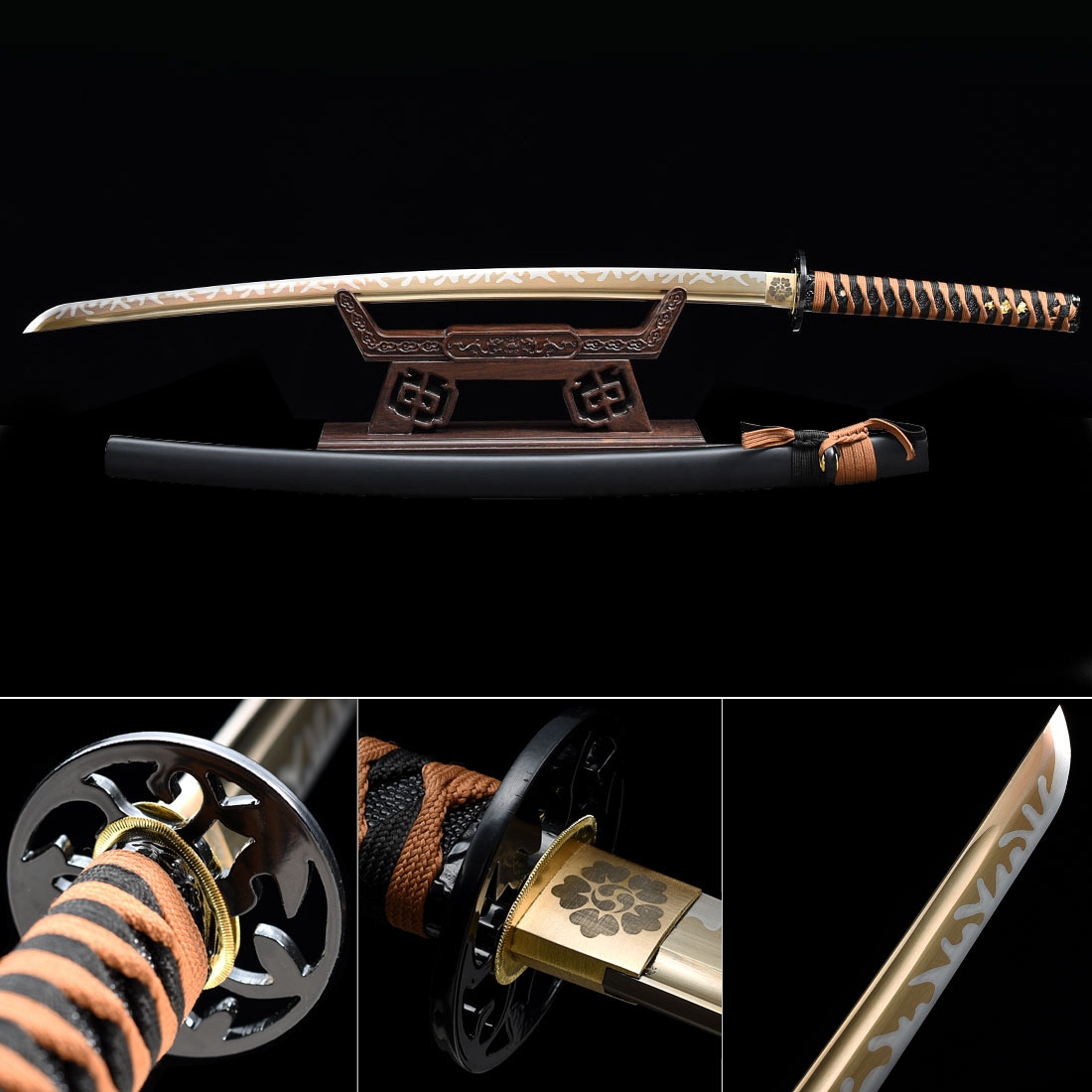 Handmade High Manganese Steel Gold Blade Full Tang Real Japanese Katana ...