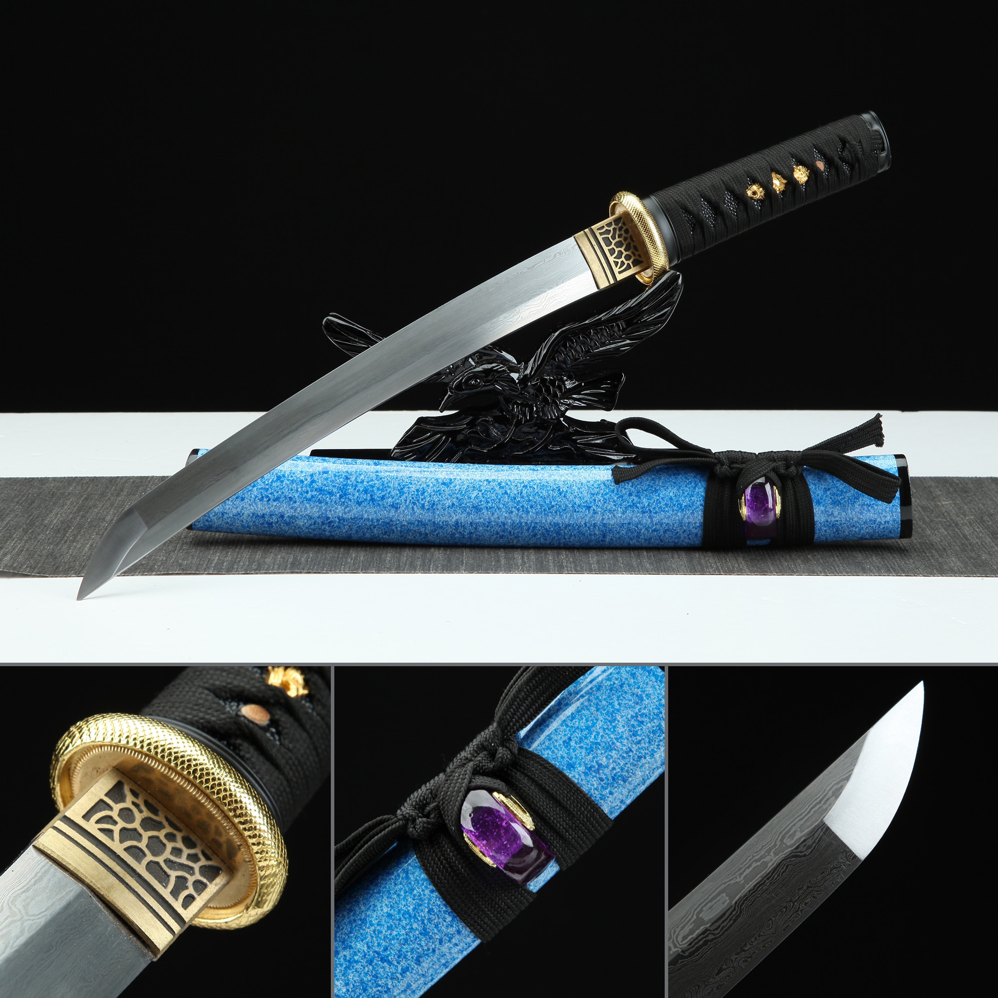 Handmade Damascus Steel Blue Gem Theme Real Japanese Tanto Samurai ...