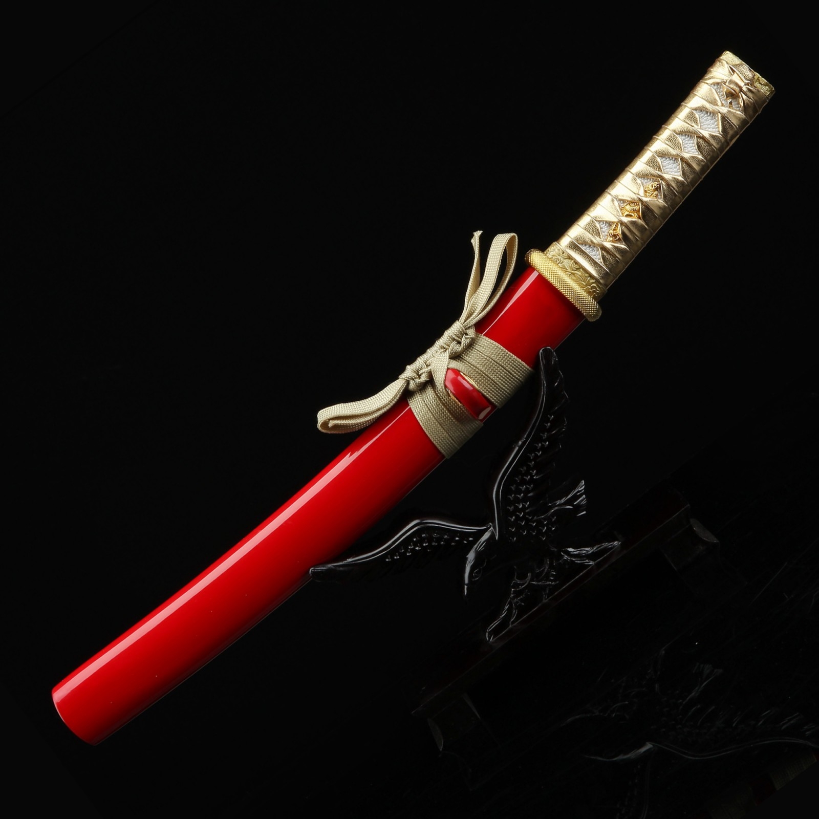 Handmade Carbon Steel Gold Handle Real Japanese Tanto Swords With Red ...