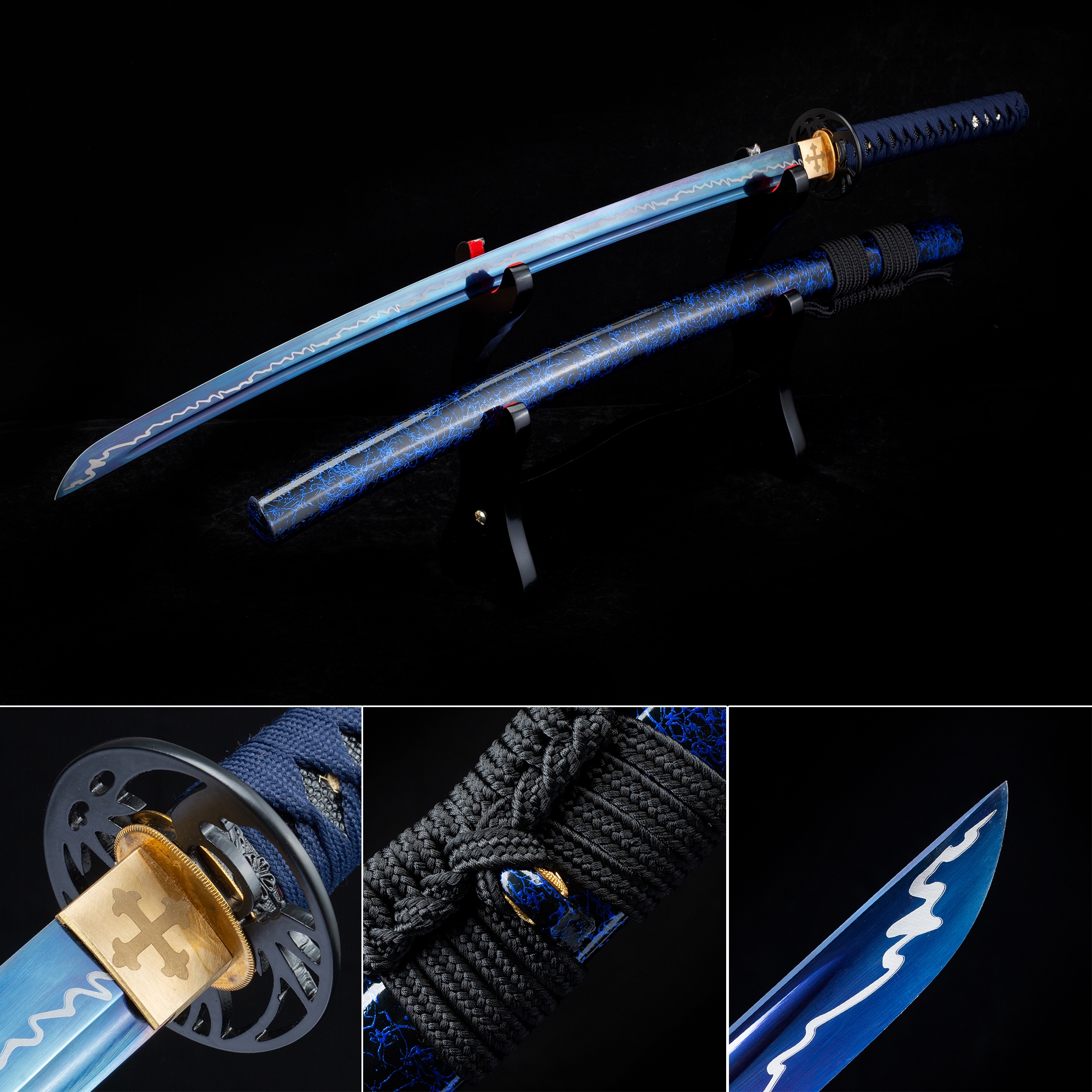 Handmade High Manganese Steel Blue Blade Japanese Katana Samurai Swords ...