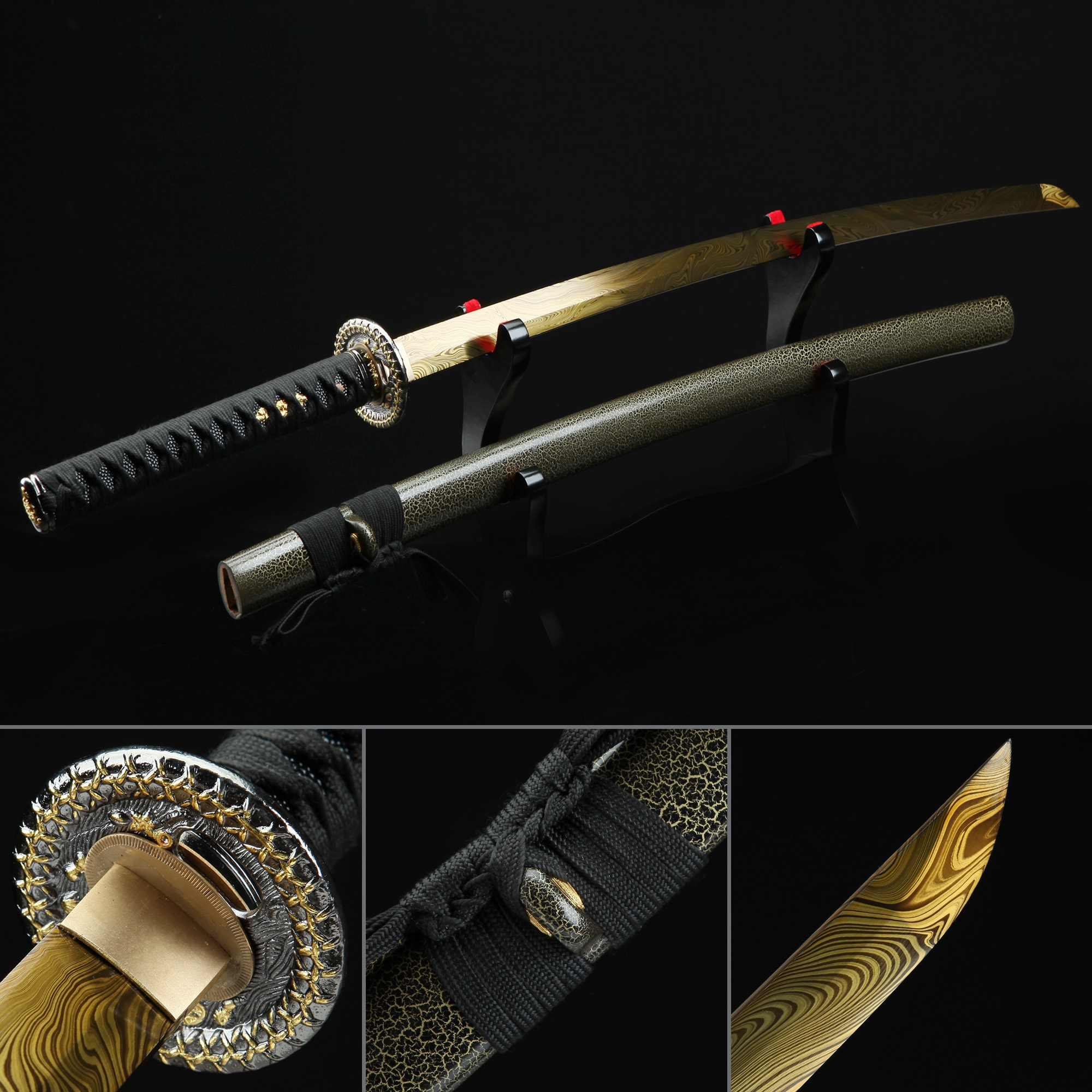 Handmade High Manganese Steel Gold Blade Japanese Katana Samurai Swords ...