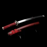 Red Wakizashi | Damascus Steel Wakizashi with Wave-Engraved Blade in ...