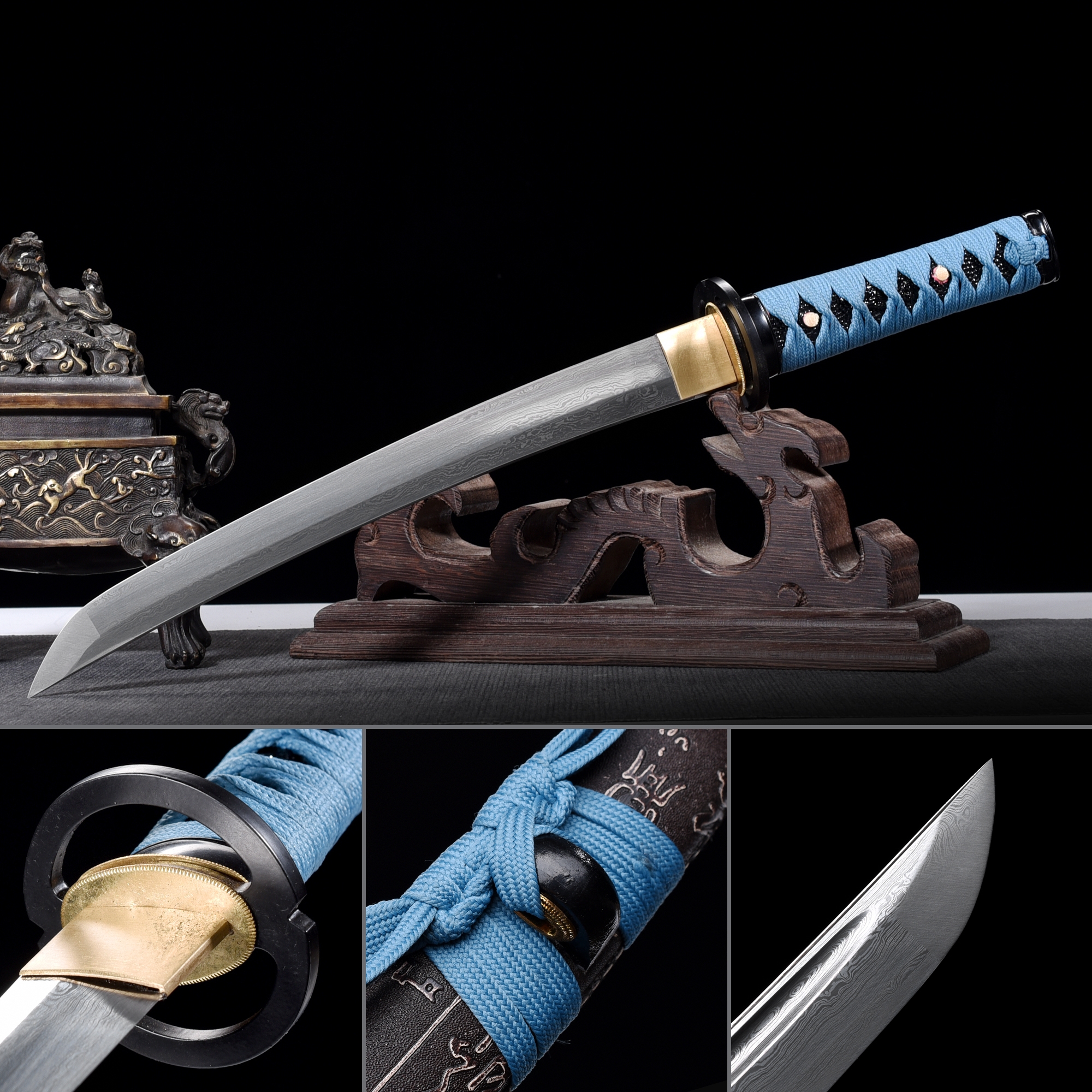 Handmade Pattern Steel Real Japanese Tanto Sword With Black Scabbard ...