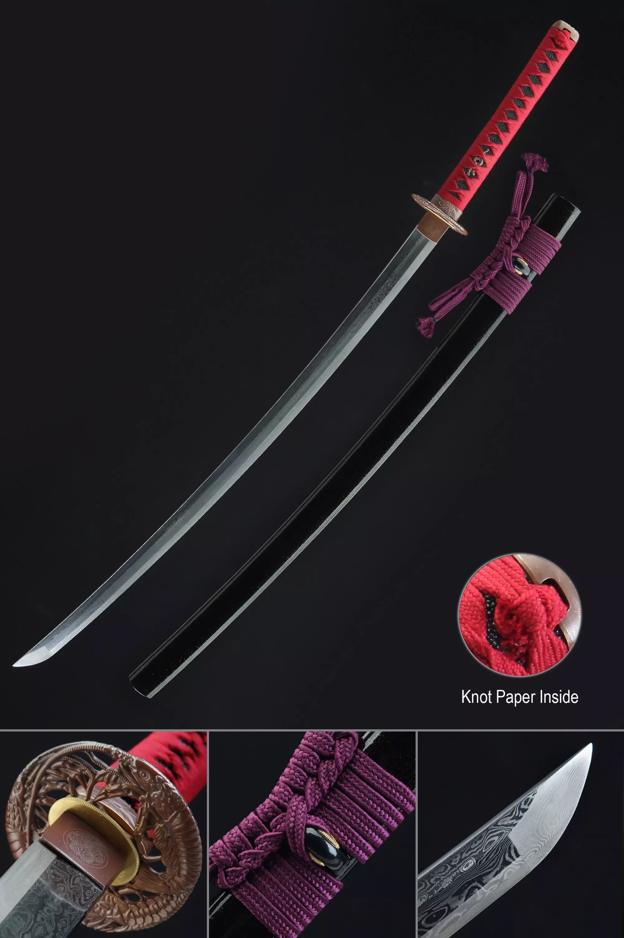 Black And Red Katana | Damascus Steel Katana with Red Tsuka, Black ...