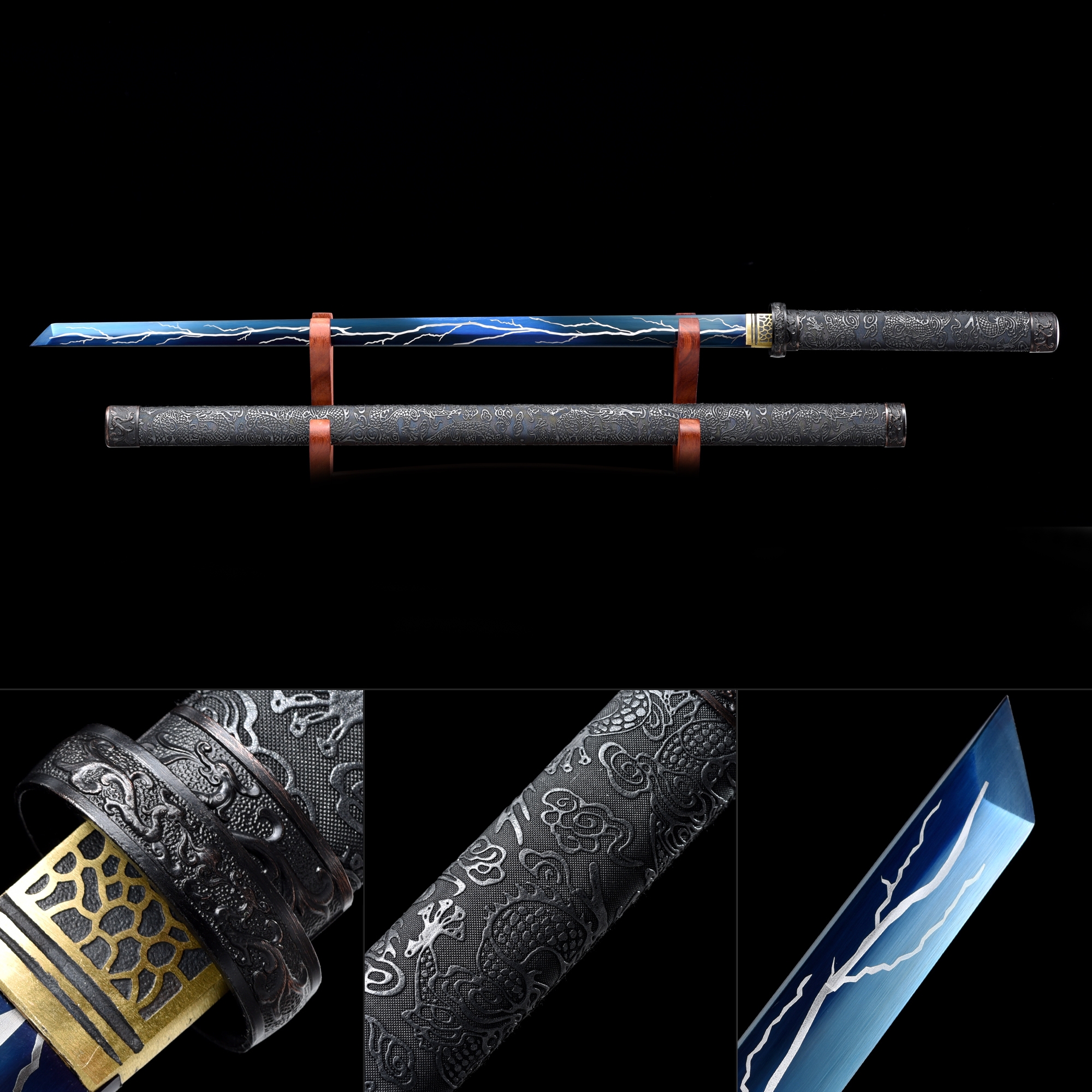 Handmade High Manganese Steel Blue Blade And Lightning Theme Full Tang ...
