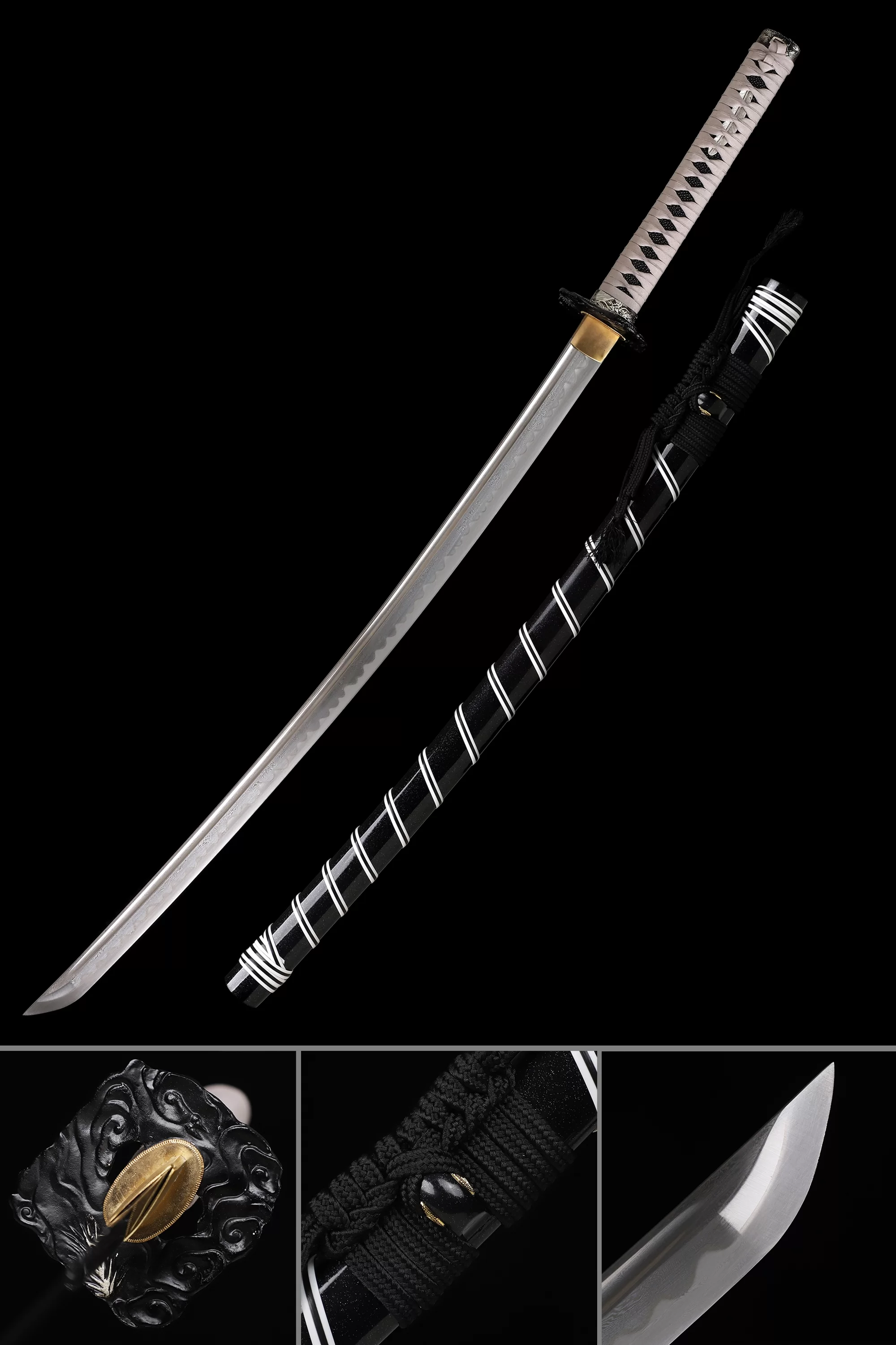Folded Melaleuca Steel Katana with Hamon Blade in Black & White ...